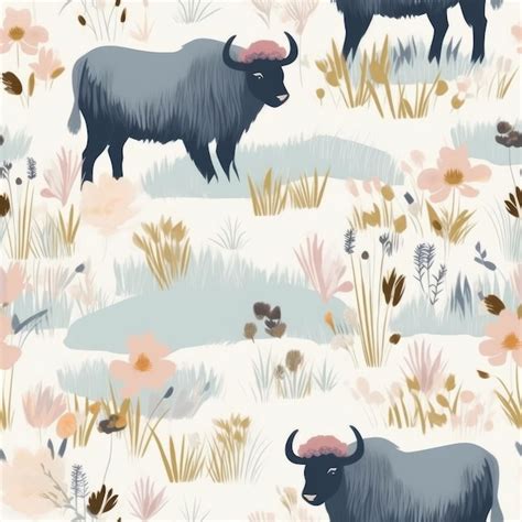Seamless Pattern With Buffalo In The Field Premium Ai Generated Image