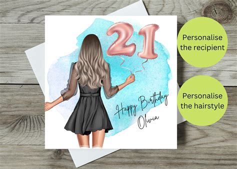 Personalised 21st Birthday Card Girl Holding 21st Birthday Balloons