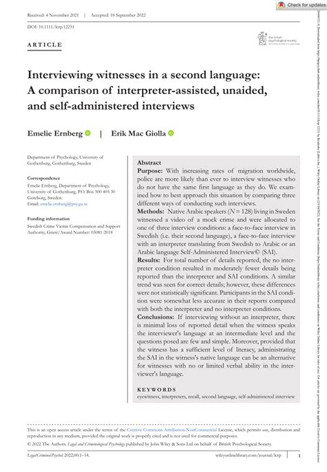Pdf Interviewing Witnesses In A Second Language A Comparison Of Interpreter‐assisted Unaided