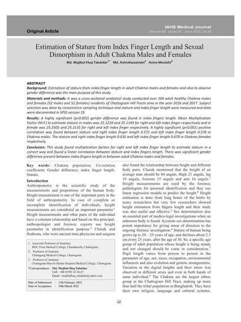Pdf Estimation Of Stature From Index Finger Length And Sexual