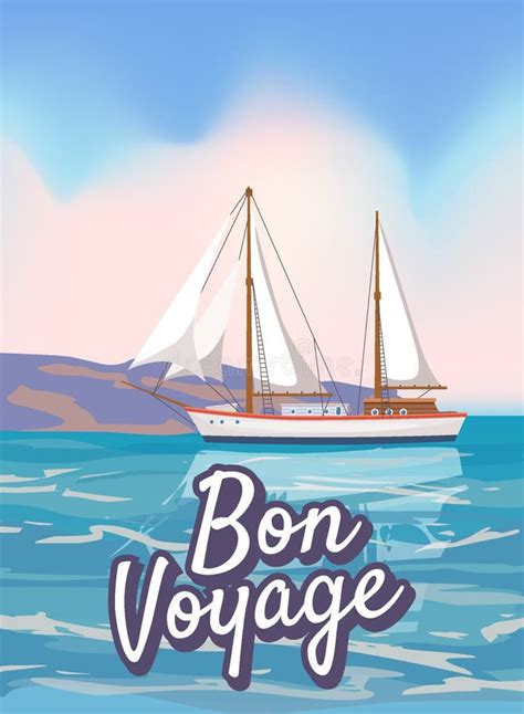 Sailboat Bon Voyage Poster Retro Sailing Ship On The Ocean Sea