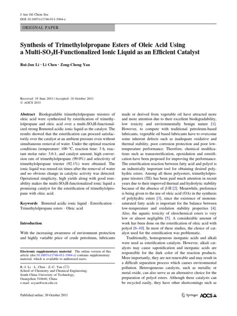 Synthesis Of Trimethylolpropane Esters Of Oleic Acid Using A Multi So3h Functionalized Ionic