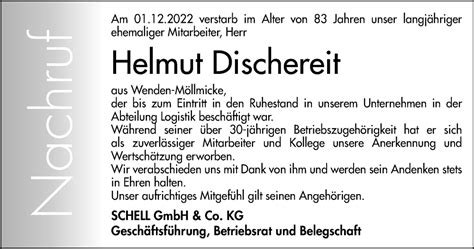 Traueranzeigen Von Helmut Dischereit Trauer In Nrw De