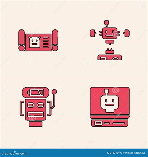 Set Robot Blueprint Disassembled Robot And Low Battery Charge Icon Vector Stock Vector