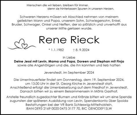 Traueranzeigen Von Rene Rieck Shz Trauer
