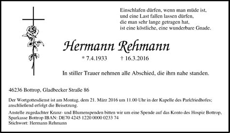 Traueranzeigen Von Hermann Rehmann Trauer In Nrw De