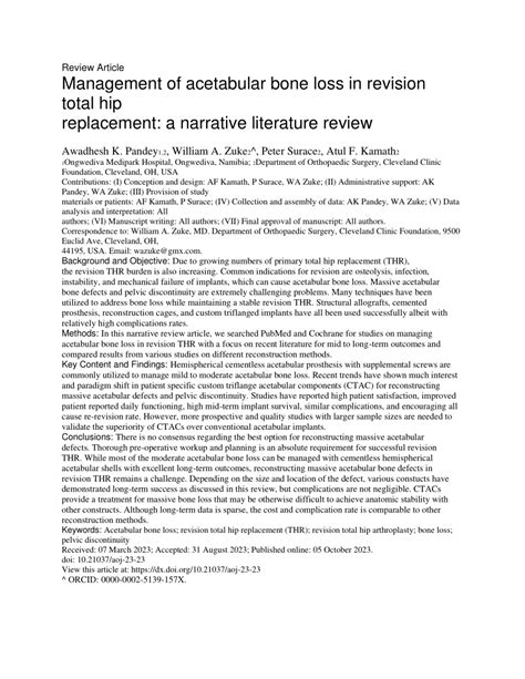 Pdf Management Of Acetabular Bone Loss In Revision Total Hip Replacement A Narrative