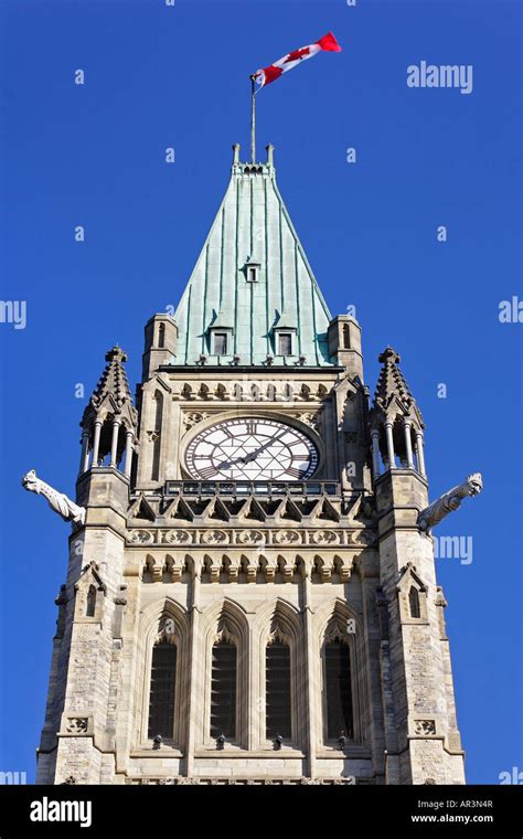 The Peace Tower Rises High Above The Centre Block Of Parliament Hill In