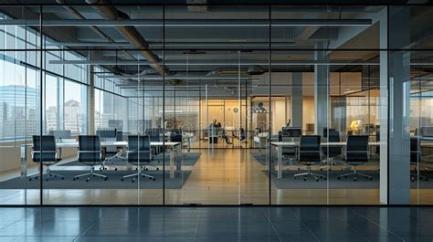 Modern Glass Office Interior With City View And Empty Desks Stock