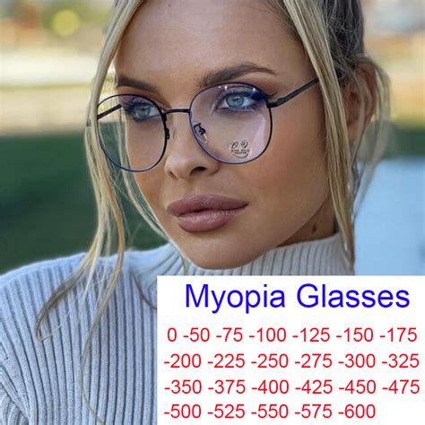Finished Myopia Glasses Women Men Metal Round Anti Blue Computer