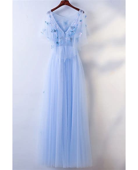Cute Blue Flowy Long Cheap Prom Dress With Butterflies Myx18091