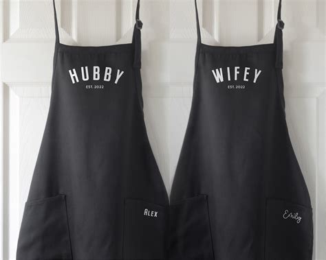 Personalized Hubby Wifey Matching Apron Set Newly Wed Couple Custom