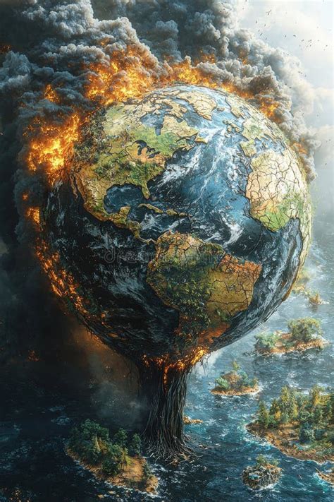 Burning Earth Depicting Environmental Impact Of Urbanization And