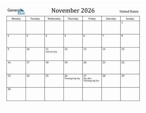 United States Monthly Calendar November 2026 Monday Start
