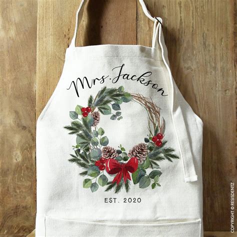 Custom Christmas Wreath Apron Personalized Christmas Apron With