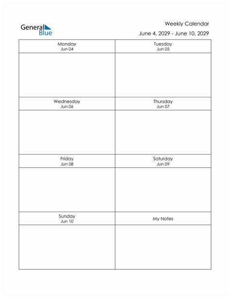 Printable Weekly Planner Template June 4 To June 10 2029