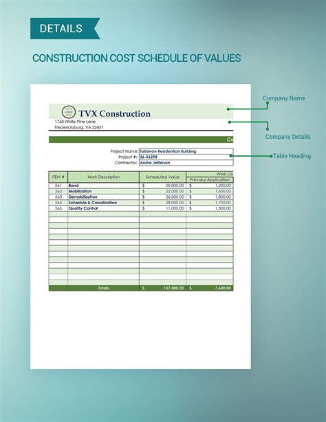 Schedule Of Values Construction Template Excel