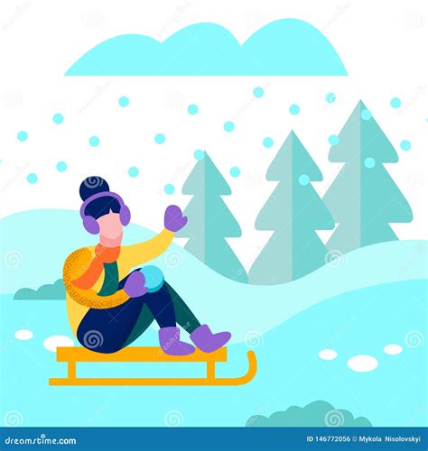 Woman Sledding In Winter Illustration For Christmas And New Year Cards