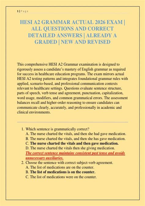 Hesi A2 Grammar Actual 2026 Exam All Questions And Correct Detailed