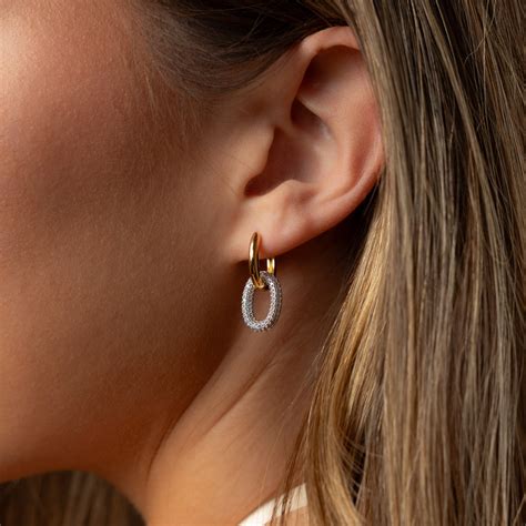 Mixed Metal Pave Dangle Link Hoop Earrings Caitlyn Minimalist