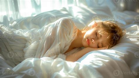 Ai Generated A Young Woman Sleeping In A White Blue Striped Pajama On A