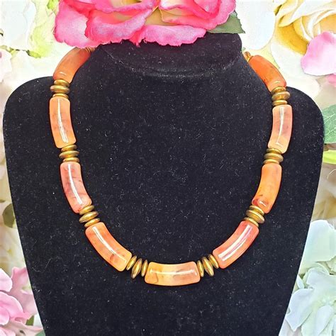 Vintage Orange Color Lucite Beaded Gold Tone Costume Gem