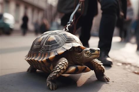 Man Walking With A Turtle In A City Closeup On Turtle Ai Generative Illustration Stock