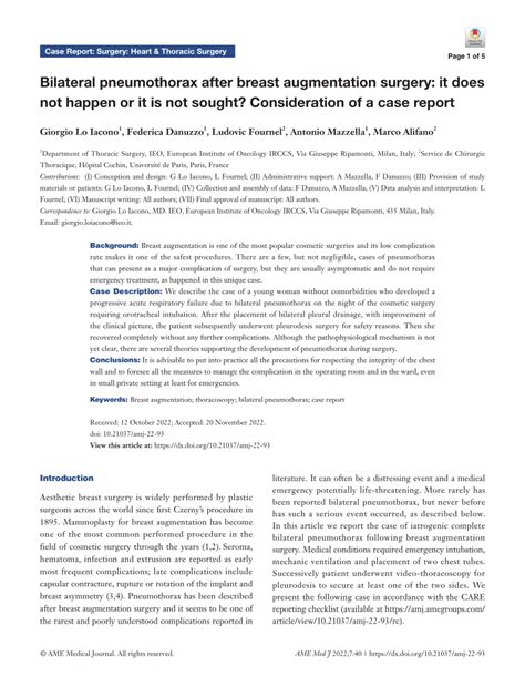 Pdf Bilateral Pneumothorax After Breast Augmentation Surgery It Does Not Happen Or It Is Not