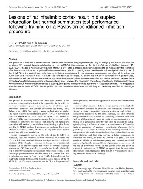 Pdf Lesions Of Rat Infralimbic Cortex Result In Disrupted Retardation But Normal Summation