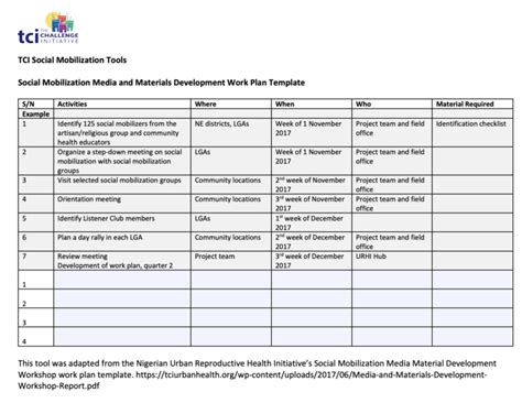 Social Mobilization Work Plan Template The Challenge Initiative
