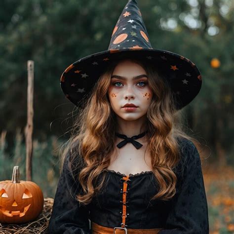A Girl In A Witch Costume With A Pumpkin On Her Head Premium Ai