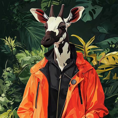 Okapi With Human Like Features Wearing An Orange Jacket Stands Amidst