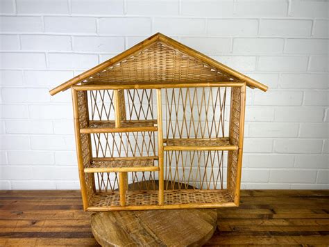 25x21 Vintage House Shape Wicker Cubby Shelf Brown Display Shelf With 8 Cubbies Various Size