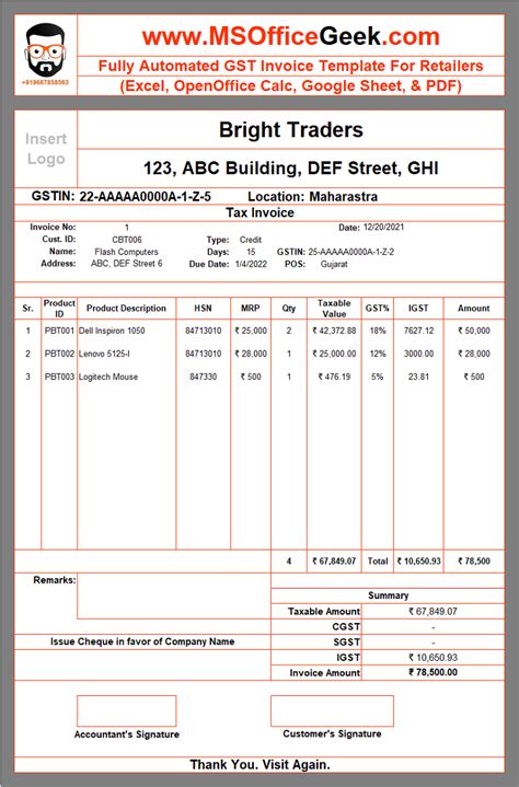 Gst Invoice Format In Excel Word Pdf And Jpeg Format 7 44 Off