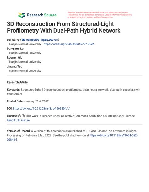 Pdf 3d Reconstruction From Structured Light Profilometry With Dual