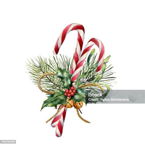 장식과 수채화 크리스마스 지팡이입니다 손 그린 크리스마스 공장 전통 사탕 홀리 미 슬 토 벨 리본 및 전나무 분기 흰색 배경에 고립 디자인에 대 한 휴일 인쇄입니다