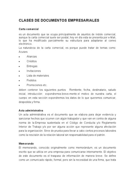 Clases De Documentos Empresariales Pdf Memorándum Correo