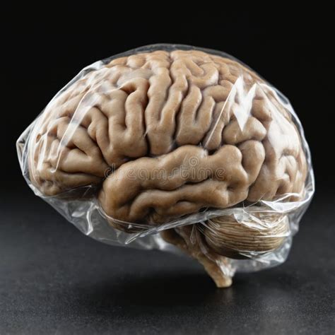 Human Brain Specimen Enclosed In Clear Plastic Wrap On Dark Background