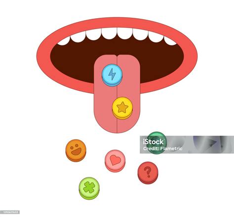 Tongue With Ecstasy Pills Vector Illustration In Cartoon Style Drug