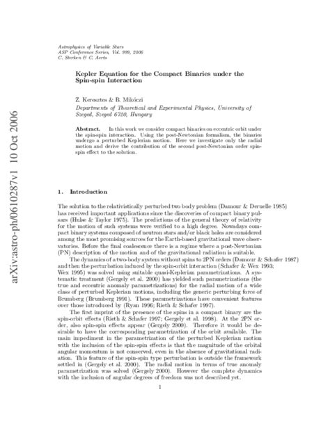 Pdf Kepler Equation For Compact Binaries Under The Spin Spin Interaction