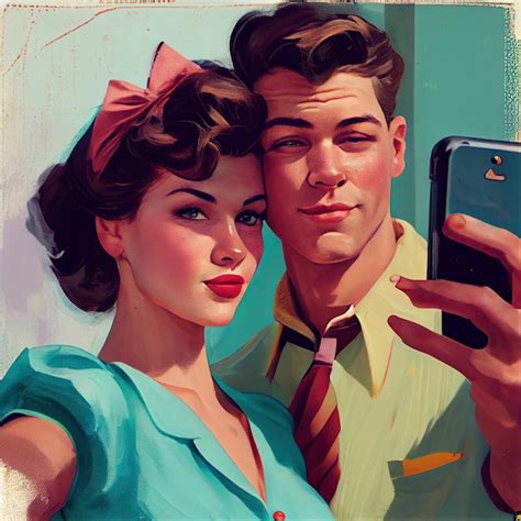 Premium Photo Retro Couple Taking A Selfie Generative Ai