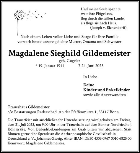 Traueranzeigen Von Magdalene Sieghild Gildemeister Ga Trauerde