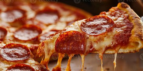 Close Up Of Pepperoni Pizza Slice Being Lifted Showing Toppings In Detail Photorealistic Food