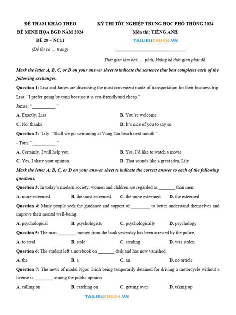 Đề Vip 29 Phát Triển Đề Minh Họa Tham Khảo Bgd Môn Anh Năm 2024 Nc11