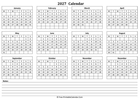 2027 Yearly Calendar In Excel Pdf And Word