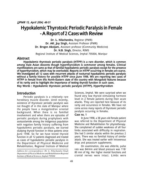 Pdf Hypokalemic Thyrotoxic Periodic Paralysis In Female A Report Of