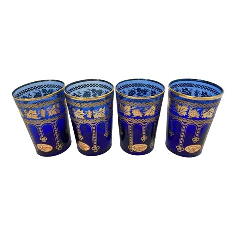Moorish Blue And Gold Crystal Barware Italian Drinking Glasses Set Of 4