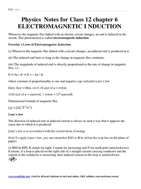 Class 12 Physics Notes Cbse Board Download Chapter 6 Electromagnetic I Nduction Pdf