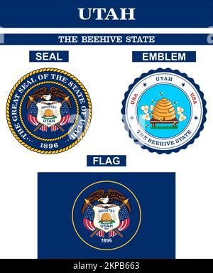 Utah Symbol Collection With Flag Seal And Emblem As Vector Stock
