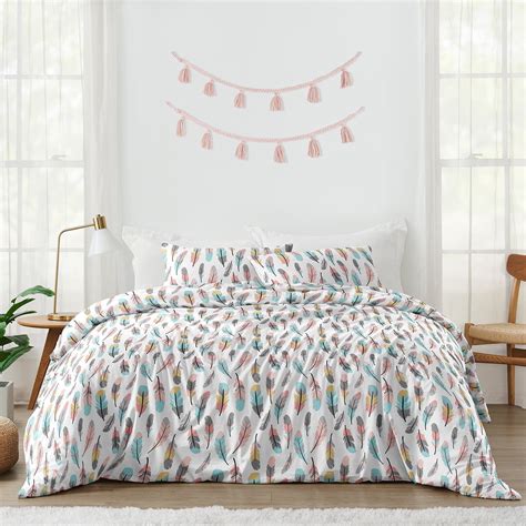 Sweet Jojo Designs Feather Blue Pink And Grey Fullqueen Bed Comforter